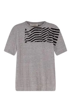 GOLDEN GOOSE Cotton Tshirt With Flag Print On The Front - Grey