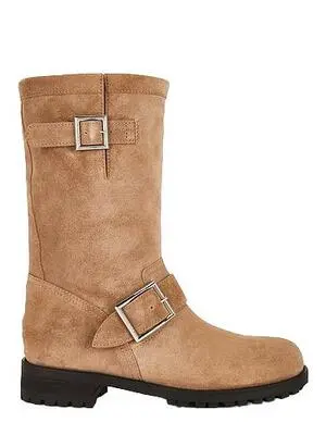 JIMMY CHOO Biker Mid Calf Velvet Suede Boots With Buckles - Toffee