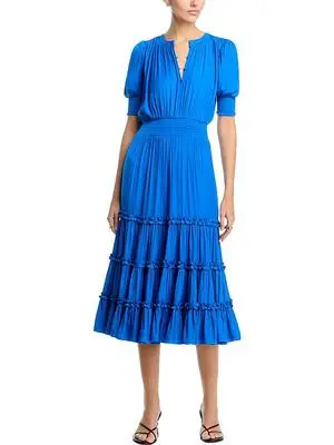 T Tahari Elbow Sleeve Split Neck Tiered Dress - Cobalt Stone