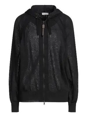 Brunello Cucinelli Cardigan In Cotton, Leather, And Brass - Black