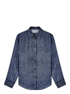 Giorgio Armani Denim-print Silk Shirt - Navy Blue