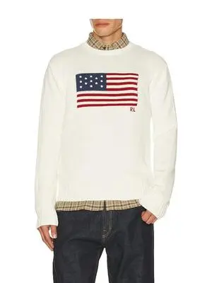 Polo Ralph Lauren Long Sleeve USA Flag Crewneck Sweater Deckwash White