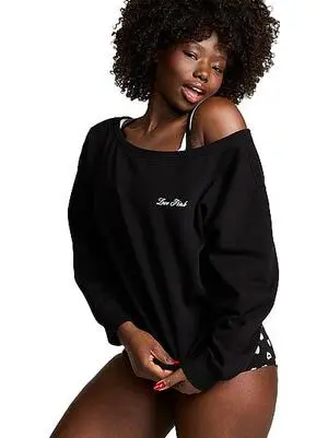 Pink Campus Fleece Rib Off-the-shoulder Sweatshirt - Black