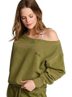 Pink Campus Fleece Rib Off-the-shoulder Sweatshirt - Green