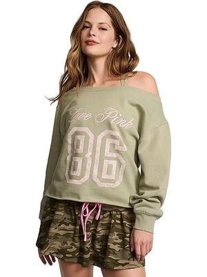 Pink Campus Fleece Rib Off-the-shoulder Sweatshirt - Green