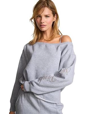 Pink Campus Fleece Rib Off-The-Shoulder Sweatshirt Grey