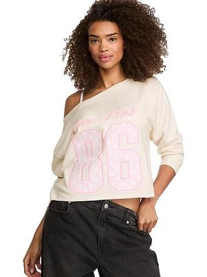 Pink Campus Fleece Rib Off-The-Shoulder Sweatshirt Grey