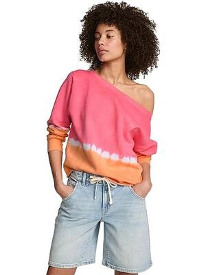 Pink Campus Fleece Rib Off-The-Shoulder Sweatshirt Pink