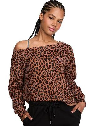 Pink Campus Fleece Rib Off-The-Shoulder Sweatshirt Print