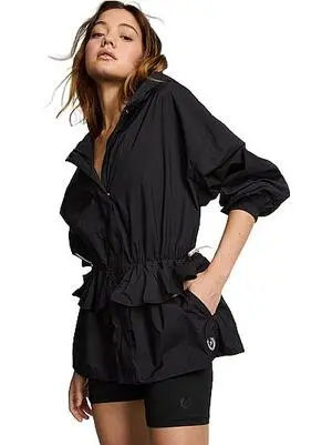 Pink Lightweight Woven Ruffle Hooded Jacket - Black