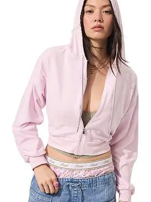 Pink Soft Modal Bubble-Sleeve Full-Zip Cropped Hoodie Pink