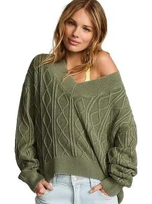 Pink Cable Knit V-neck Sweater - Green