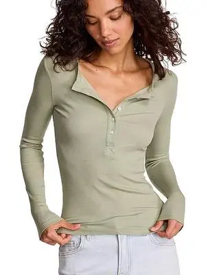 Pink Relaxed Ribbed Henley Long-sleeve Tee - Green