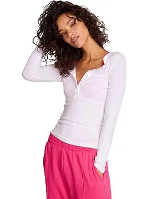 Pink Relaxed Ribbed Henley Long-sleeve Tee - White,ivory