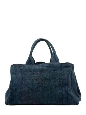 Prada 2013-2025 Large Denim Canapa Logo Satchel - Blue