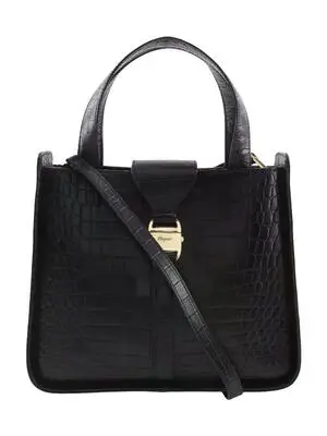 FERRAGAMO 1990-2025 Croc Embossed Leather Vara Bow Satchel - Black