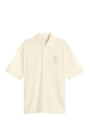 Ami Boxy Fit Polo With De Coeur Knitted Patch - Blanc Creme