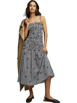 MAUDE CLUB Smocked Drop-waist Midi Dress - Navy