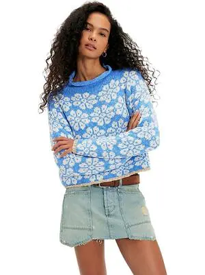 Free People Opal Rollneck Knit Patterned Sweater - Blueberry Combo