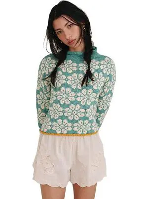 Free People Patterned Rollneck Knit Sweater Limeade Combo