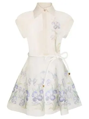 Zimmermann Floral-print Linen And Silk-blend Organza Mini Shirt Dress - Ecru