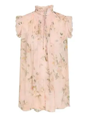 Zimmermann Floral-print Crepon Top With Ruffled Trims - Blush