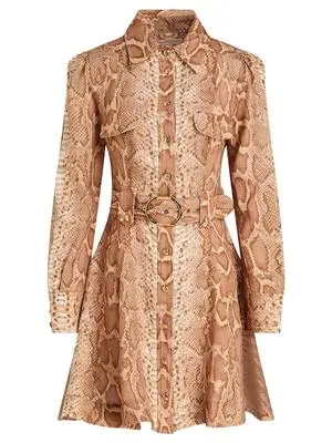 Zimmermann Belted Snakeprint Linen Mini Shirt Dress - Animal Print