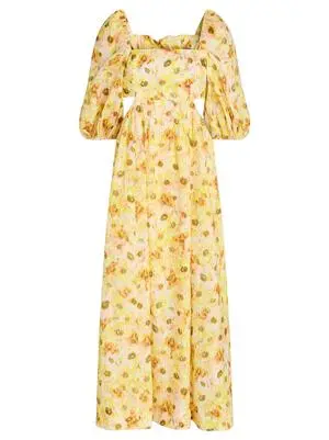 Zimmermann Floral-print Linen Midi Dress With Open Back - Yellow