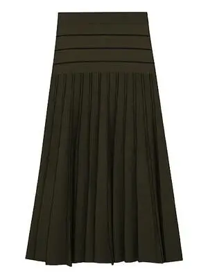 REISS Alice Stripe Pleated Knitted Midi Skirt - Khaki Green Black