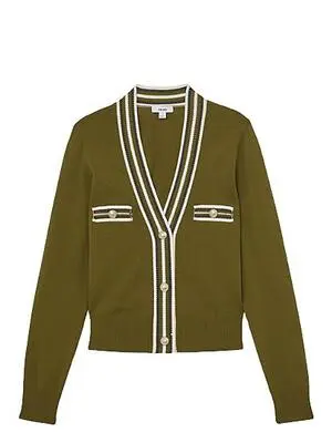 REISS Tipped Button-through Knitted Cardigan - Green Ivory