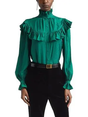 Saint Laurent Ruffled Silk Jacquard Button-up Shirt - Emeraude