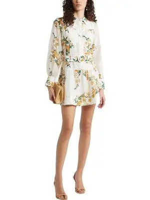 Chelsea28 Lace Trim Belted Mini Shirtdress - Ivory- Brown Jessica Floral