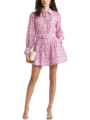 Chelsea28 Lace Trim Belted Mini Shirtdress - Magenta Savannah Medallion