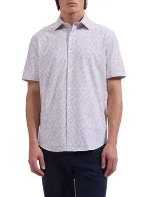 Bugatchi Miles Ooohcotton® Sketched Guitar Print Short Sleeve Button-up Shirt Sand