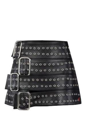 PCFG Buckled Leather Mini Skirt With Metallic Eyelets - Black