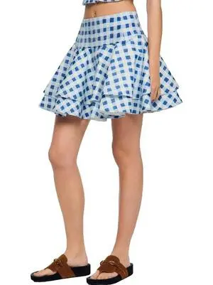 SANDRO Short Gingham Linen Skirt