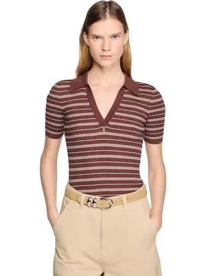 Sandro Striped V-neck Polo Sweater - Brown