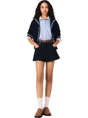 Maje Tweed And Denim Shorts - Navy