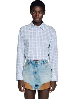 Sandro Cropped Checked Shirt Blu/white