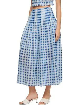 Sandro Long Gingham Linen Skirt - Blu/white