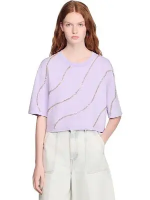 Sandro Rhinestone Trimmed Cropped T-Shirt Mauve