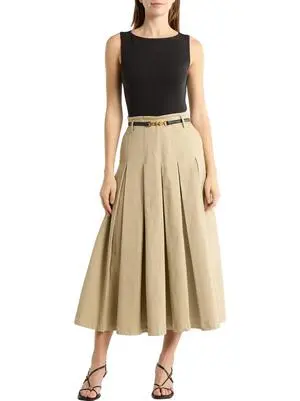 Avec Les Filles Mixed Media Pleated Midi Dress - Black And Khaki