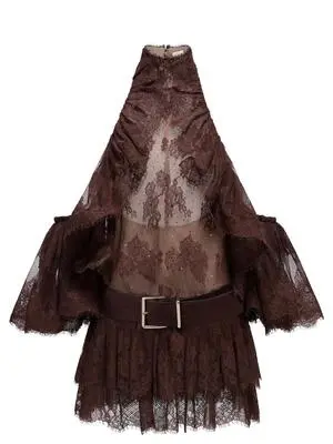 MONTSAND Ruffled High-neck Lace Mini Dress With Belt - Brown