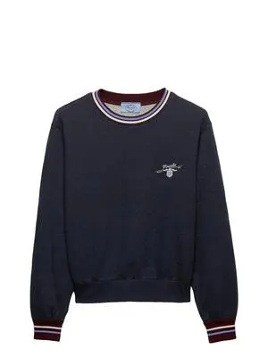 Prada Cotton Fleece Crewneck Sweatshirt With Striped Trim - Blue