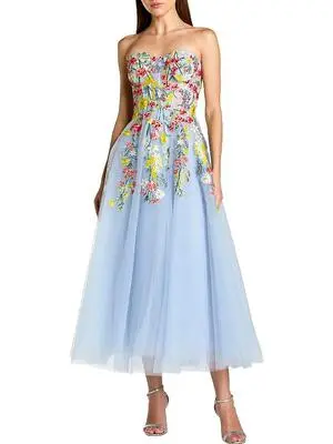 Mac Duggal Strapless Floral Embroidered A-line Midi Dress - Periwinkle Multi