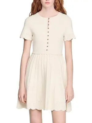 Sandro Knit Dress With Button Detail And Scalloped Hem - Ecru