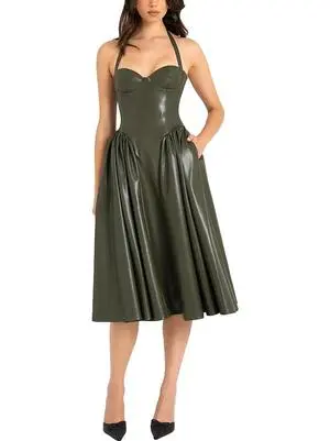 MISS CIRCLE Eliana Faux Leather Midi Dress - Olive Green