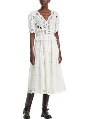 Sea Embroidered Drawstring Waist Dress - Cream