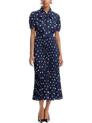 SELF-PORTRAIT Polka Dot Satin Midi Dress - Navy