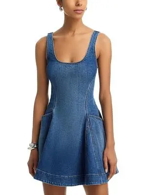 SELF-PORTRAIT Flared Denim Mini Dress - Blue